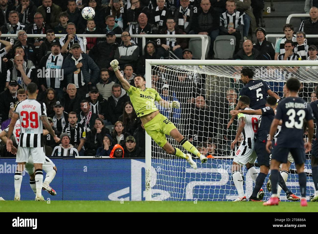 Newcastle United goalkeeper Nick Pope (22) makes a save during the UEFA ...