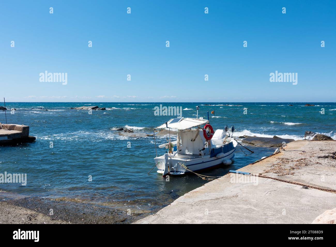 Picturesque gulf with a small dock in Mathraki island, Grece Stock ...