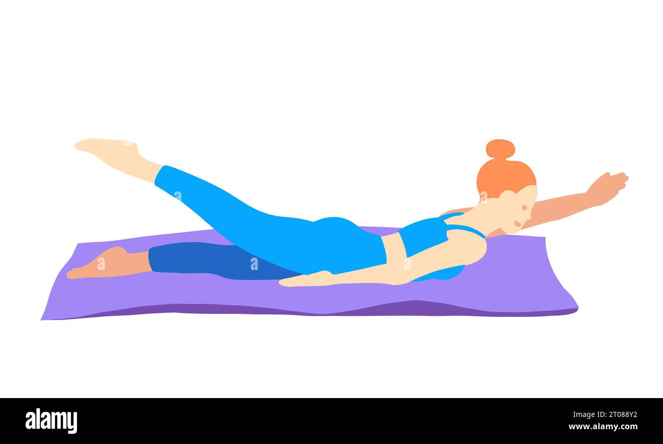 Training in yoga pose of rad hair European girl in blue tracksuit on a ...