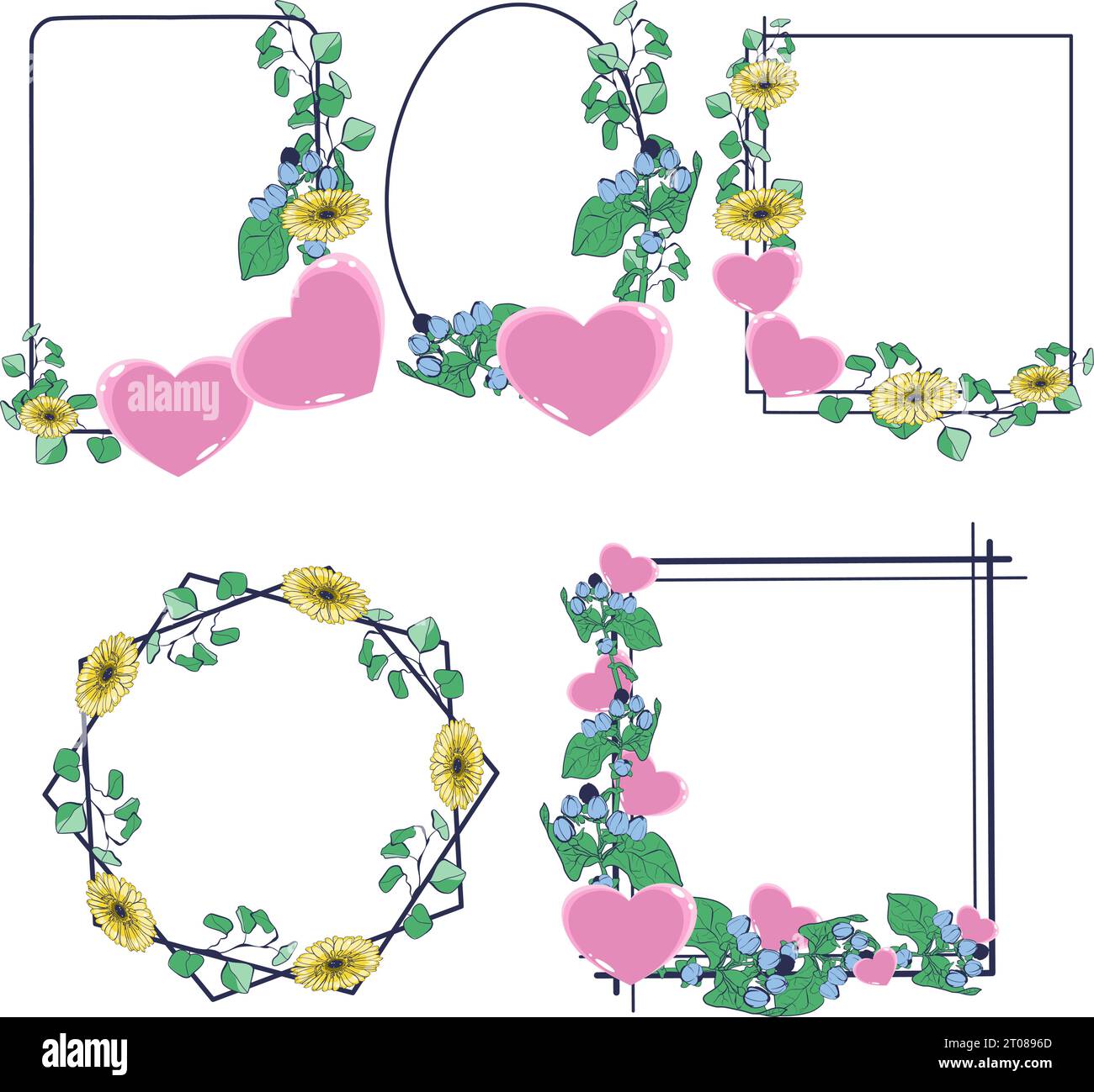Set of spring floral frames with hearts and eucalyptus leaves with ...