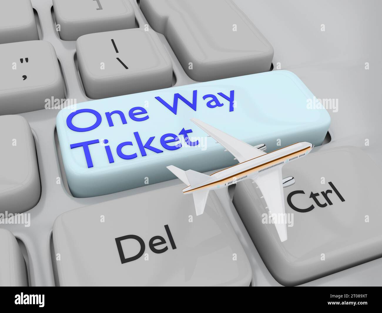 3D illustration of an airliner above computer keyboard with the script ...