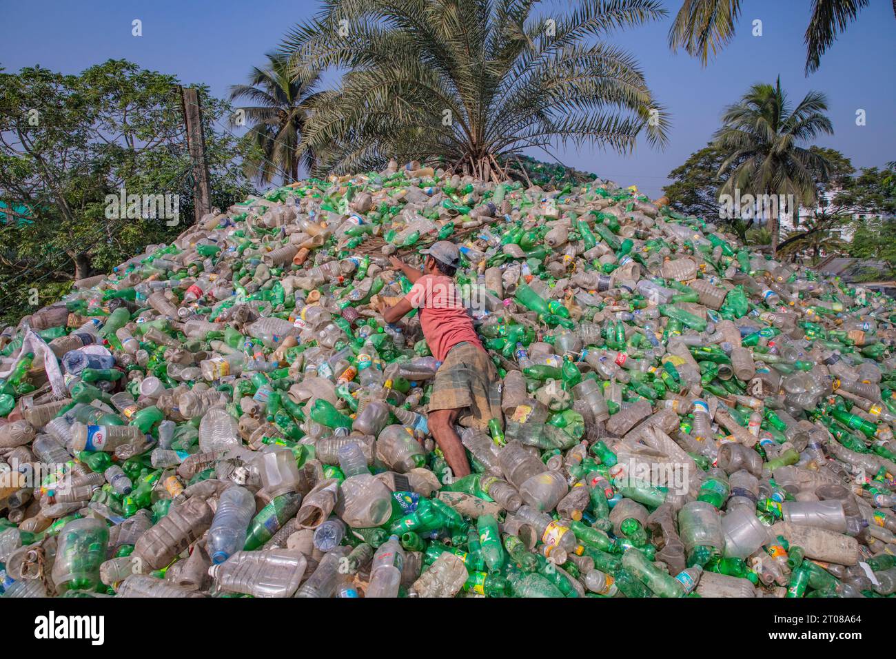 Stack of plastic bottles at a recycling centre at Jashore, Bangladesh ...