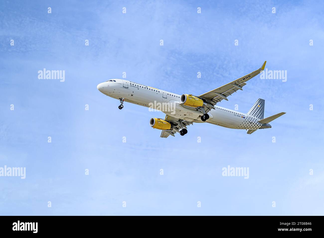 Barcelona, Spain; April 10, 2023: Vueling Airbus A321 plane, landing at ...