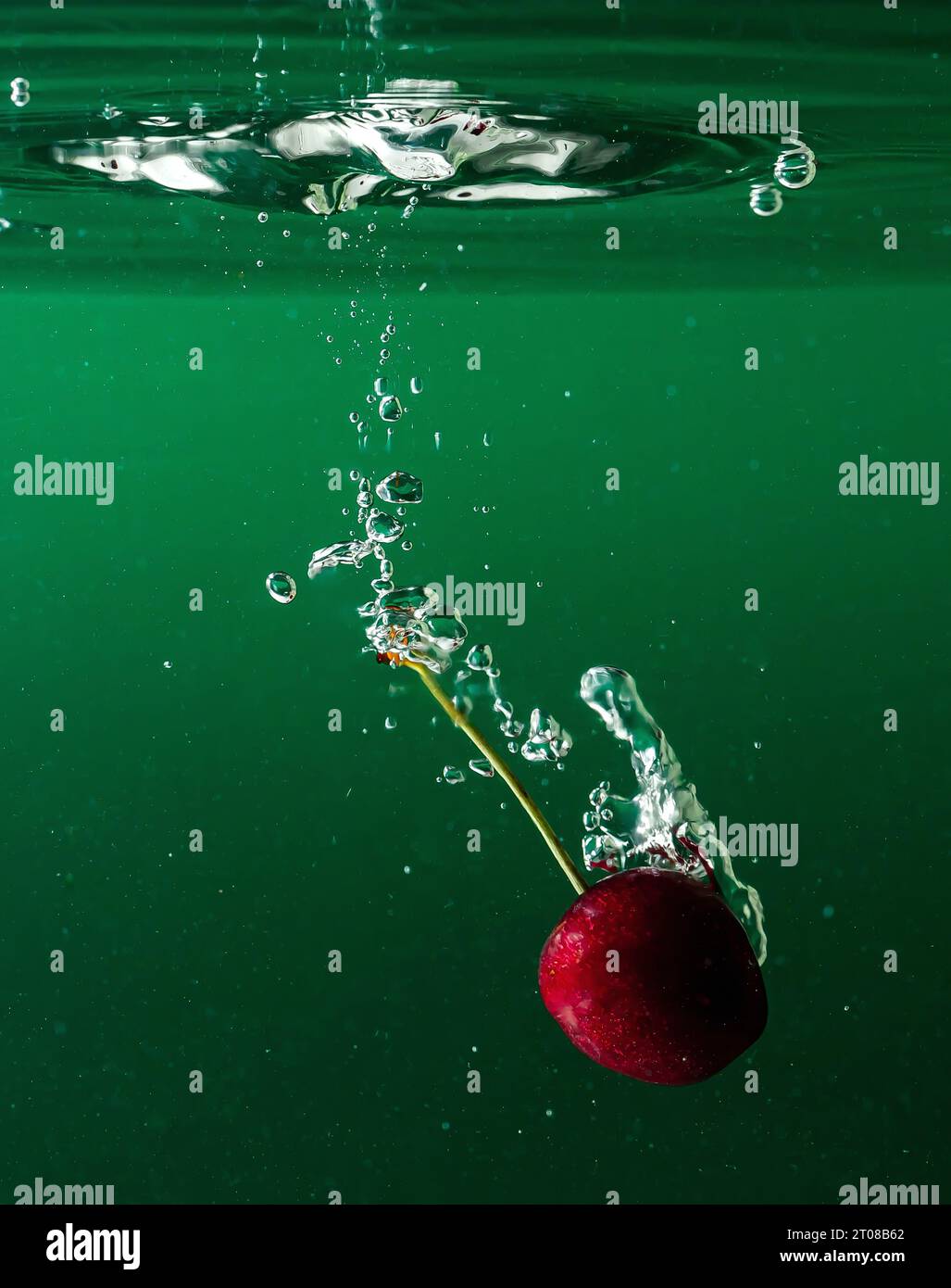 ripe cherries fall into the water raising splashes and air bubbles ...