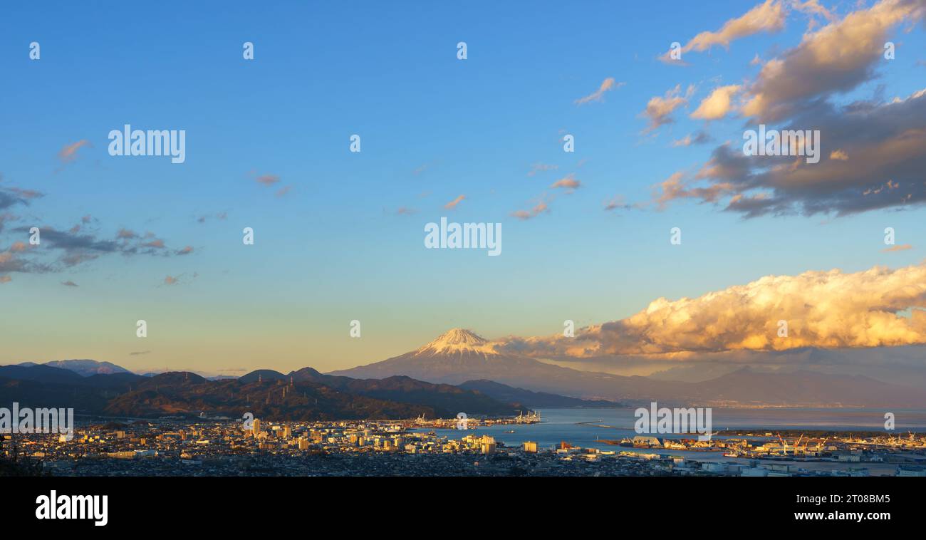 Mountain Fuji and Shimizu port in a background during sunset, Shizuoka ...