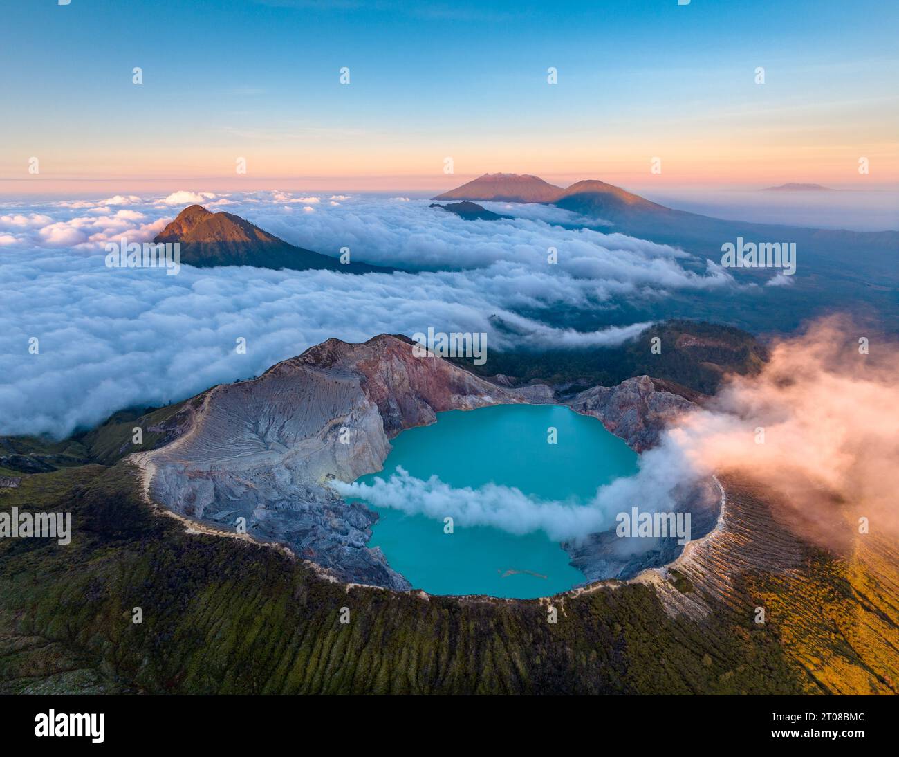 Aerial view of mount Kawah Ijen volcano crater at sunrise, East Java ...