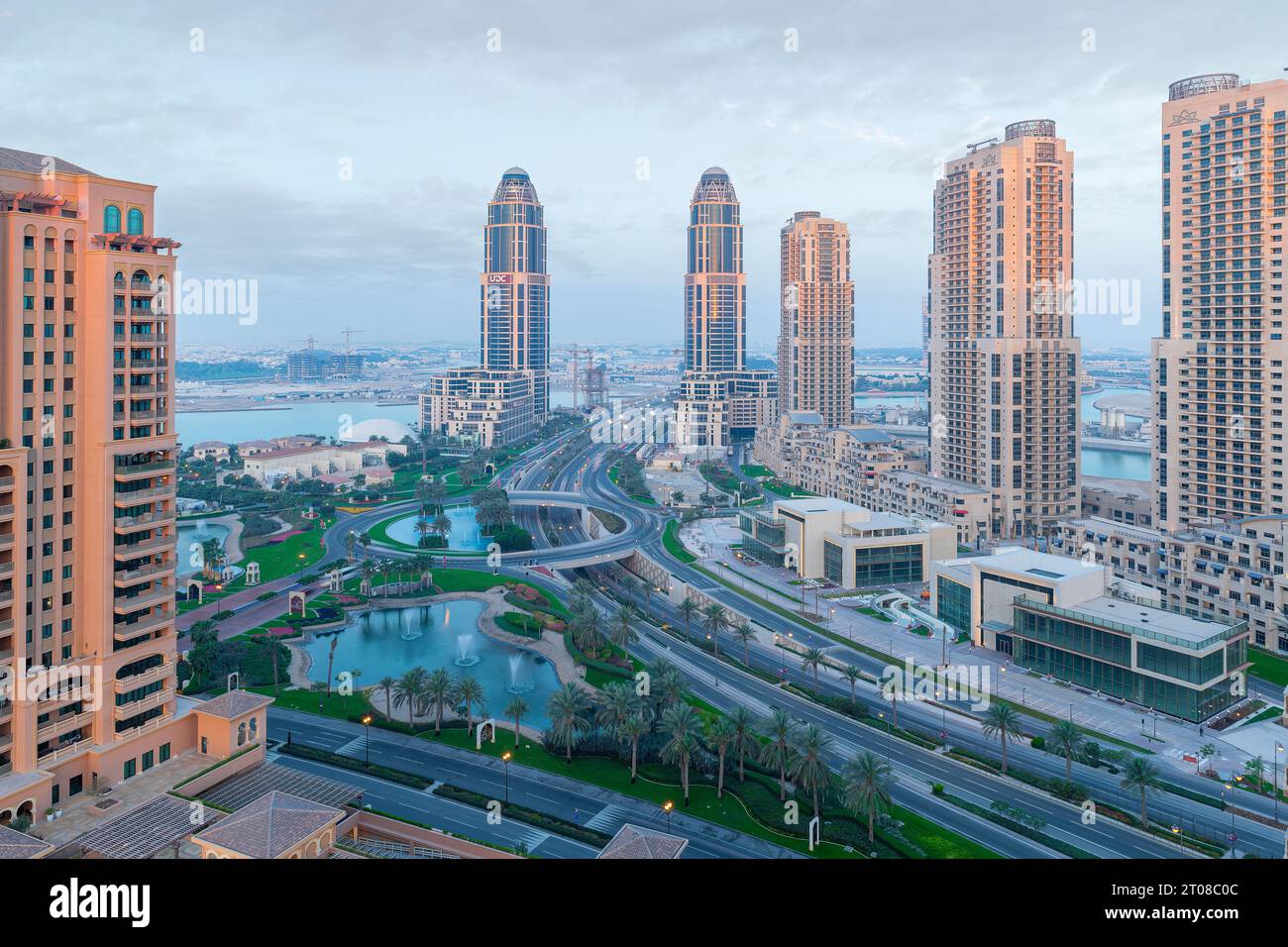 Aerial view of Peral Qatar Porto Arabia UDC Tower Pearl Qatar Stock ...