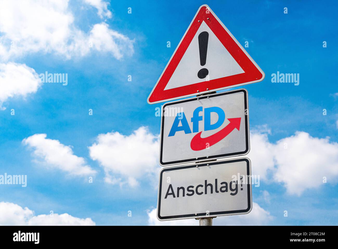 Warning sign with AfD Alternative for, Germany. 5th Oct, 2023. logo and ...