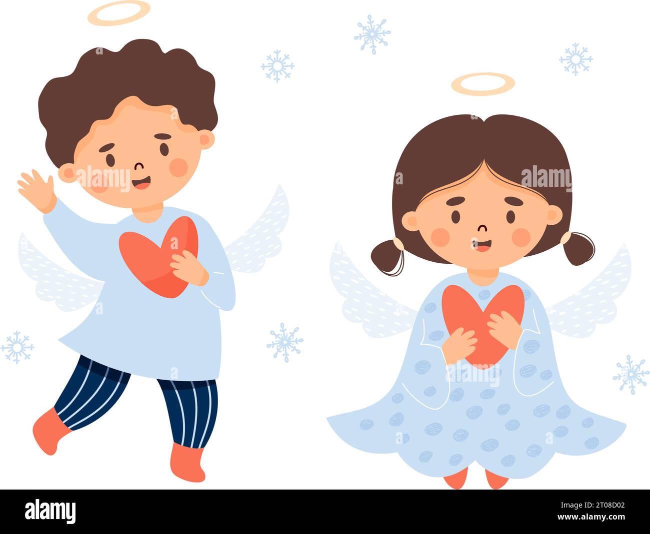 Couple little Christmas angels. Cute boy and girl with heart. Vector ...