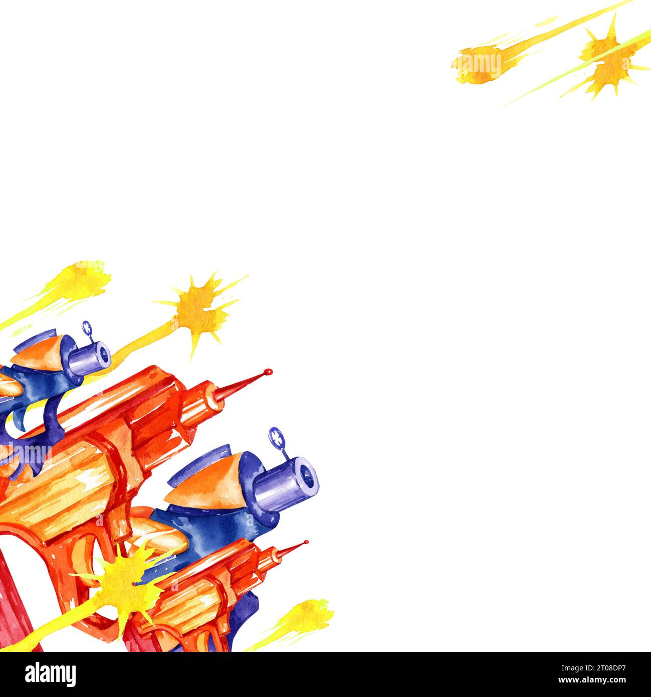 watercolor hand drawn square frame with toy guns, fantastic weapons ...