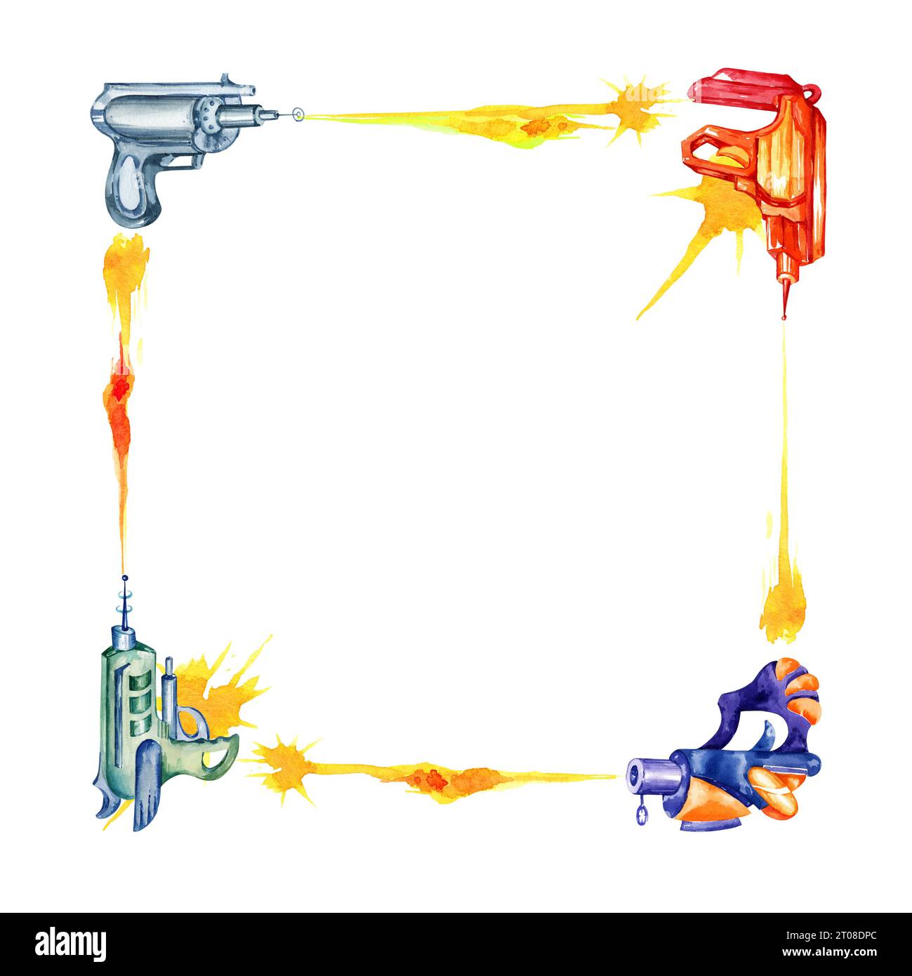 watercolor hand drawn square frame with toy guns, fantastic weapons ...