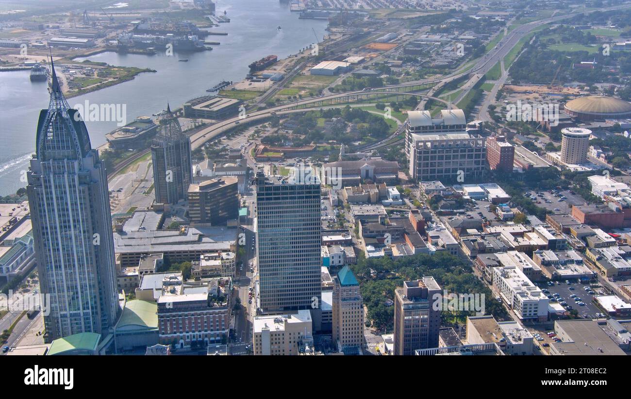Aerial view of the downtown Mobile, Alabama skyline on a sunny October ...