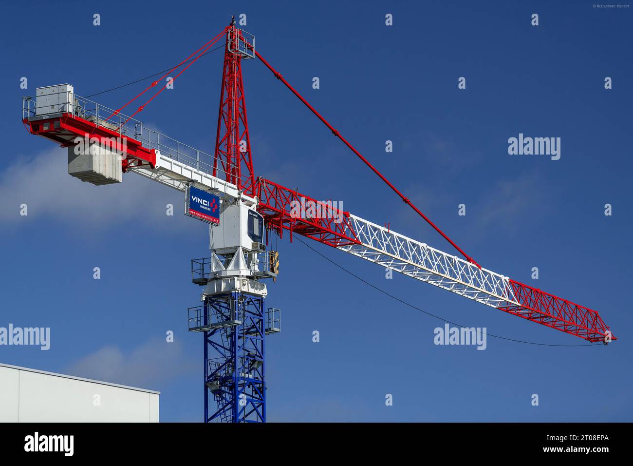 Red white and blue tower crane Liebherr 280 EC-H 12 Litronic Stock ...