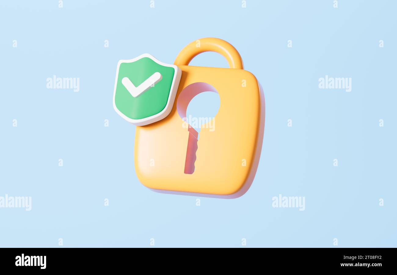 Cartoon lock with shield, unlock and permission concept, 3d rendering ...