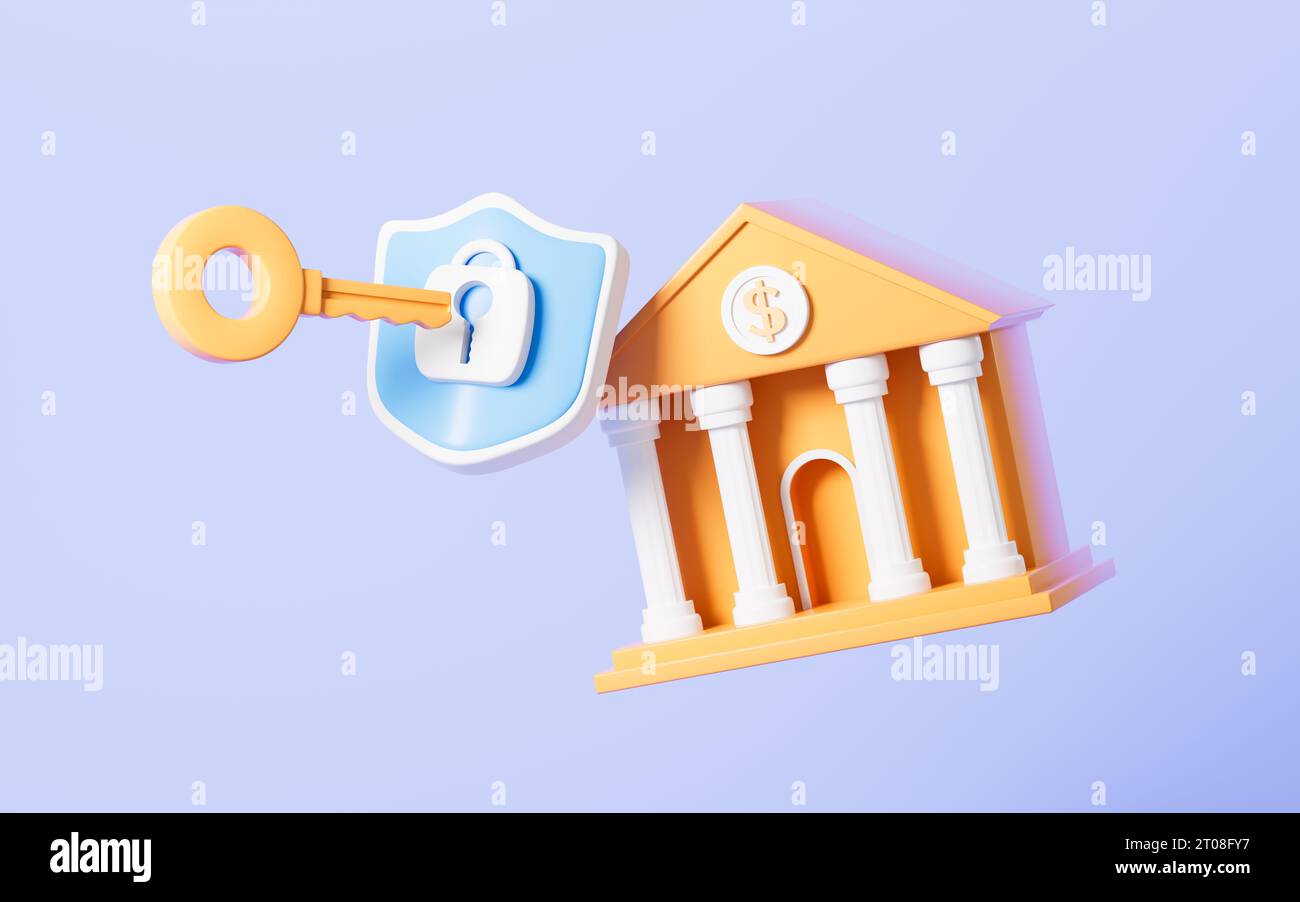 Cartoon bank and shield, encryption of bank information, 3d rendering ...