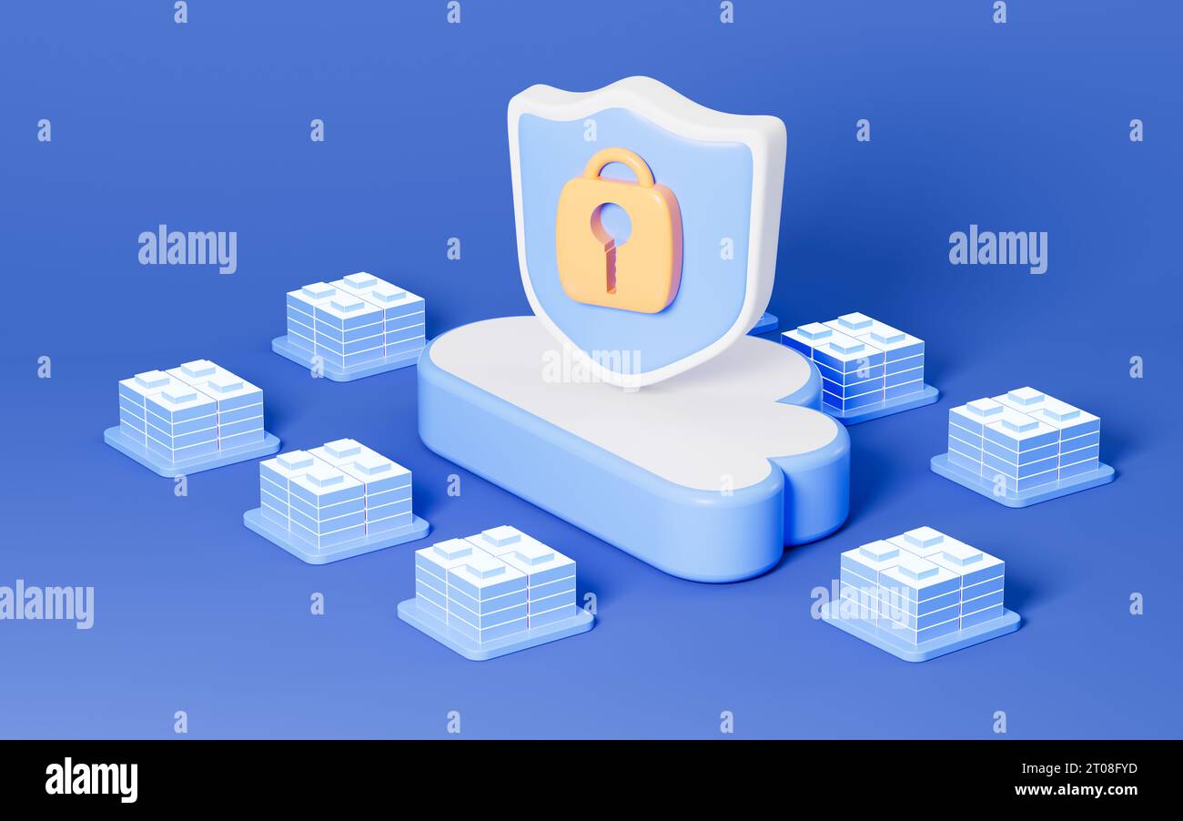 Cloud computing and shield, data encryption and protection, 3d ...