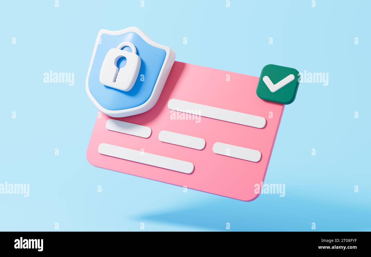 Cartoon bank card and padlock, bank card encryption, 3d rendering ...