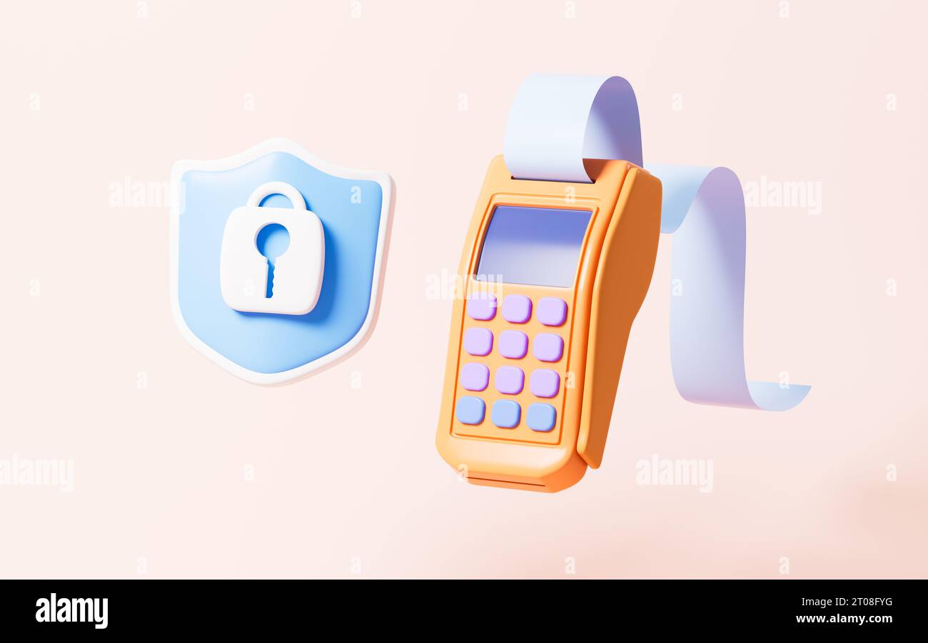 Cartoon shield and pos machine in the yellow background, 3d rendering ...