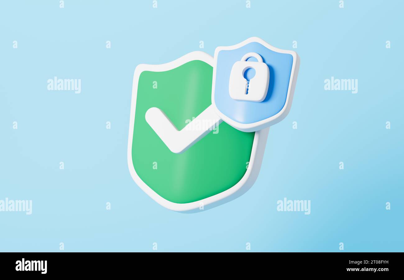 Cartoon shield with tick and lock, unlock and permission concept, 3d ...