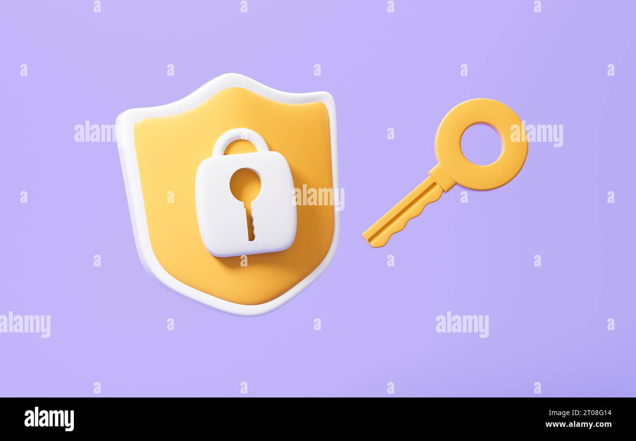 Cartoon key and encryption shield, 3d rendering. Digital drawing Stock ...