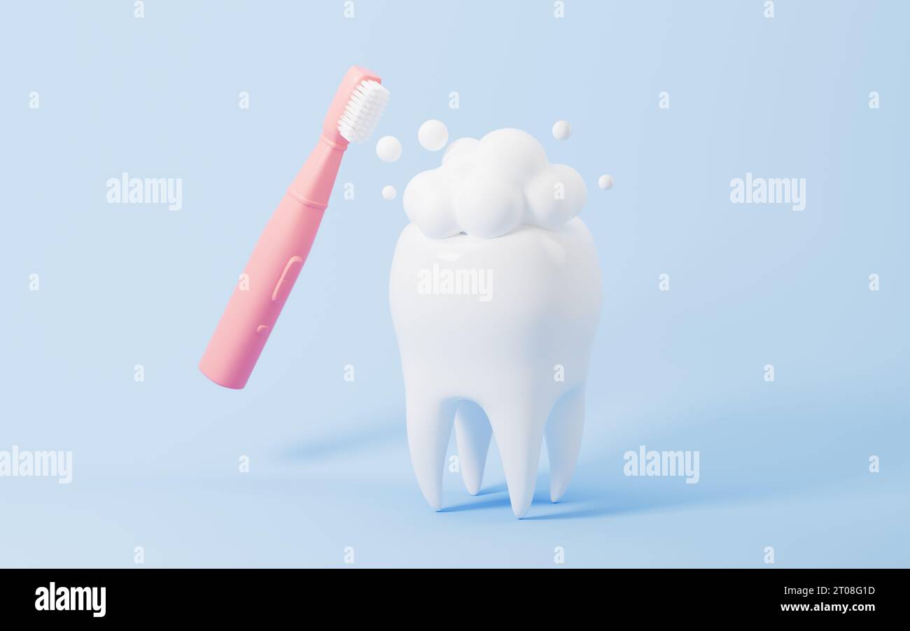 Cartoon tooth and brush, cleaning of teeth, 3d rendering. Digital ...
