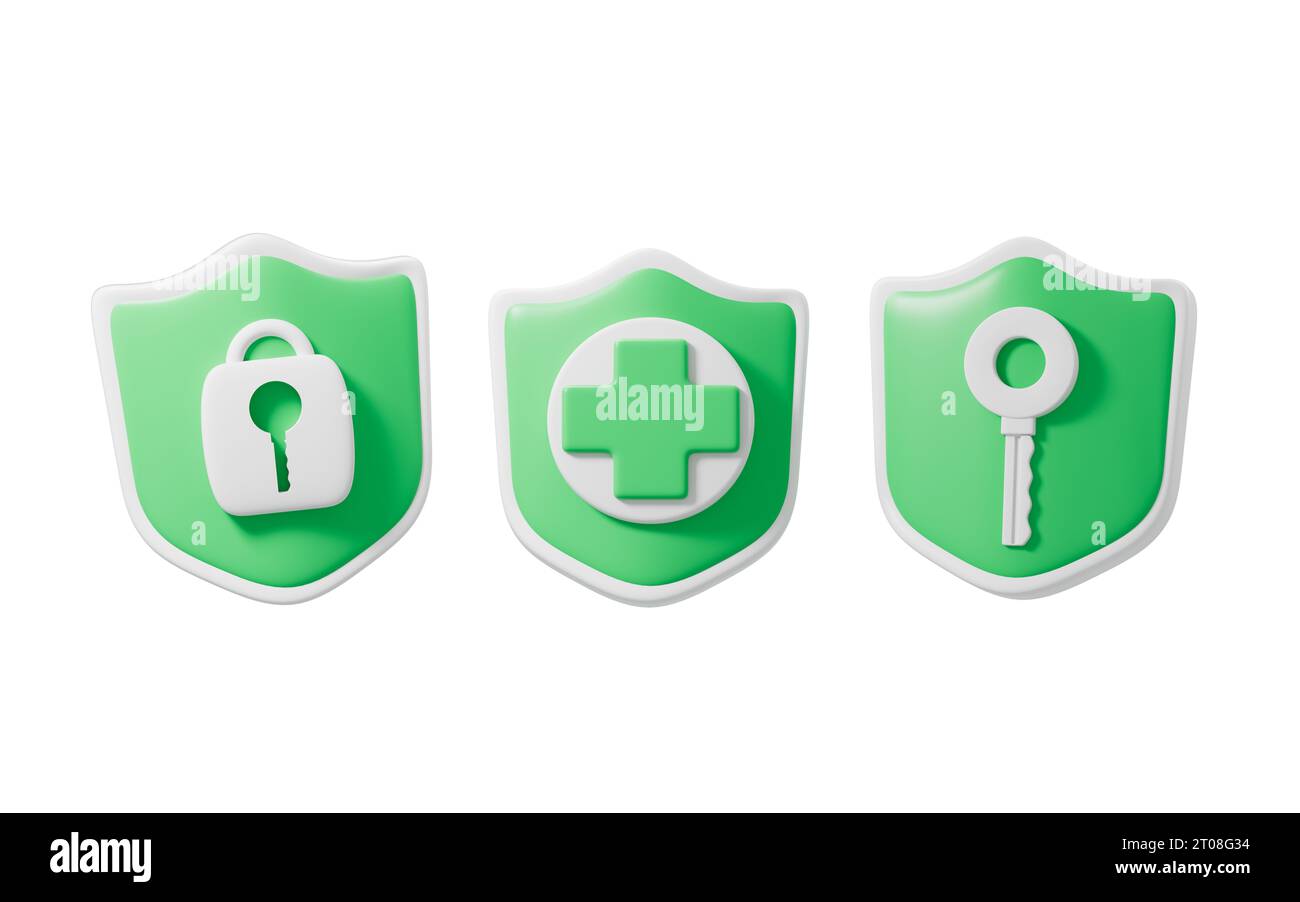 Cartoon shield with lock and key, 3d rendering. Digital drawing Stock ...