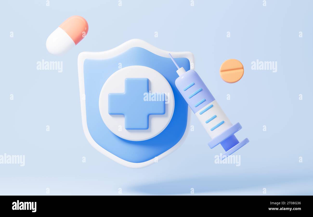 Cartoon shield with cross , disease protection, drug therapy and ...