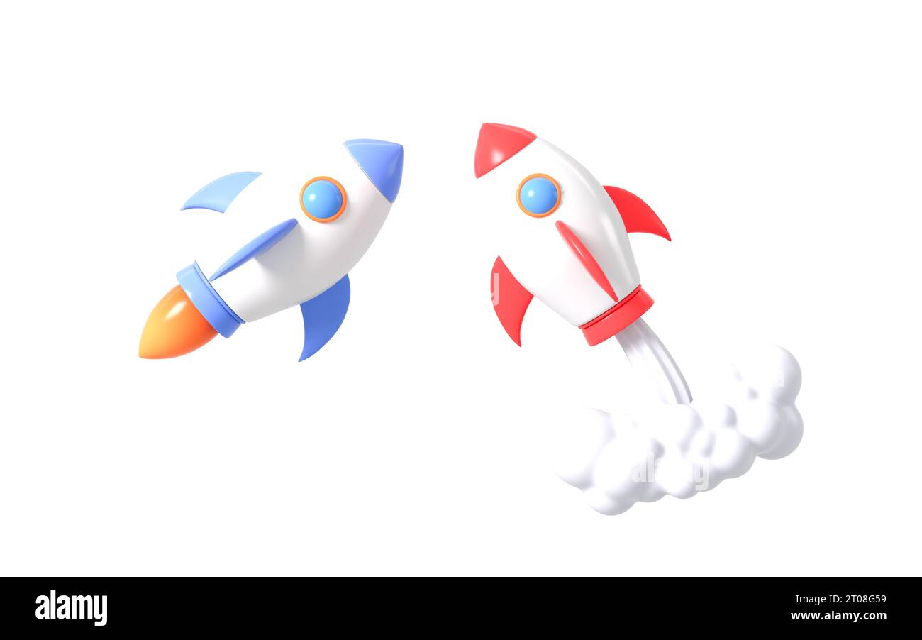 Cartoon rocket launching scene on the white background, 3d rendering ...