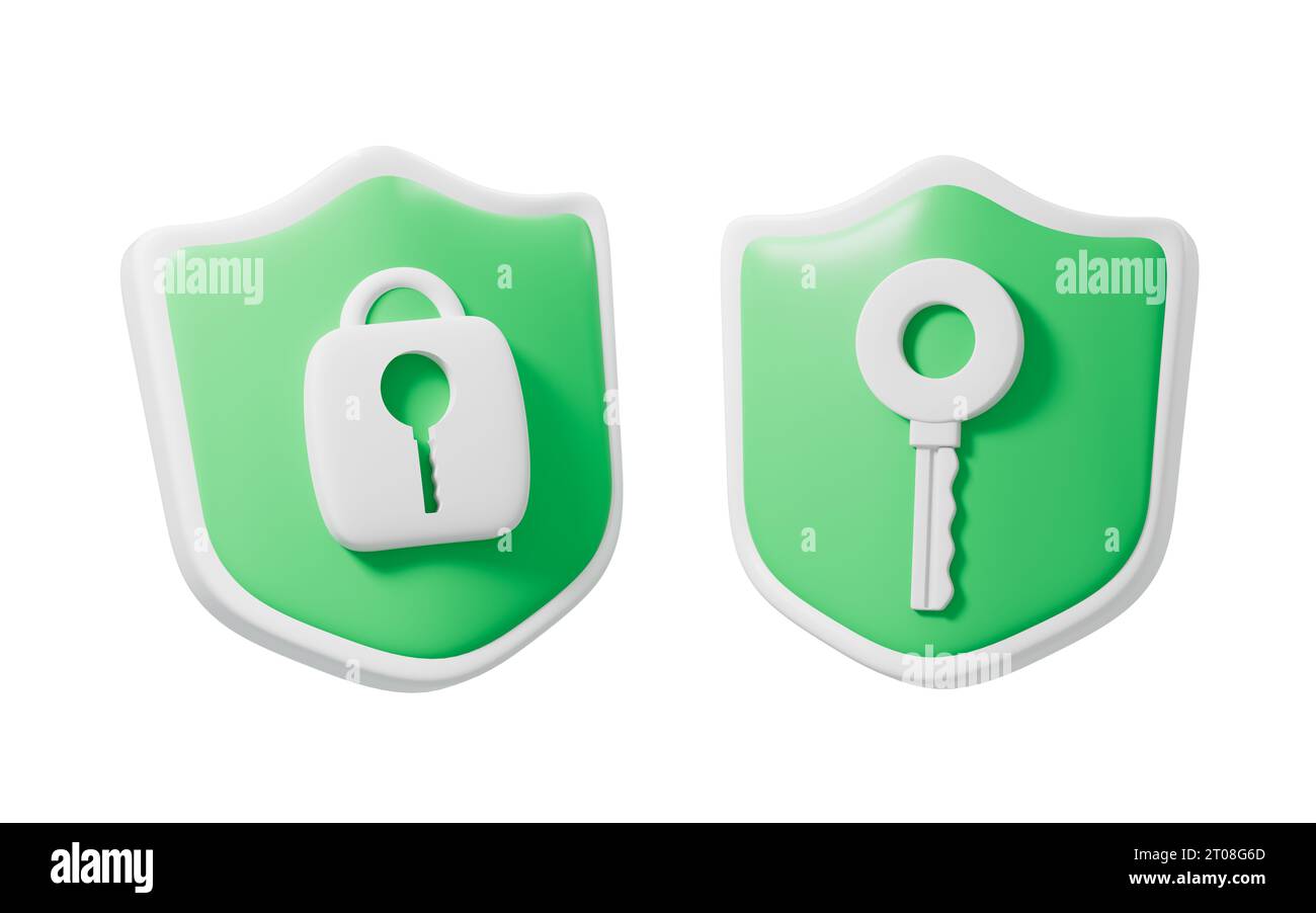 Cartoon shield with lock and key, 3d rendering. Digital drawing Stock ...