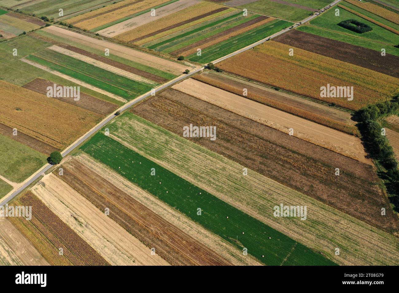 Aerial countryside view of agriculture fields, farmland, rural scenery ...