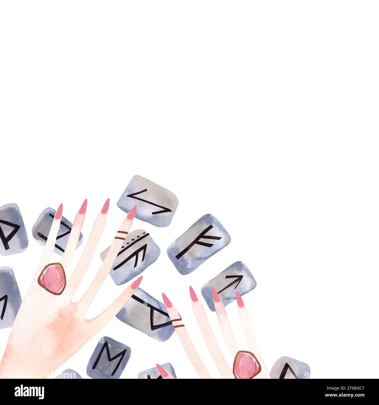 Rune divination. A feminine graceful hand with rings and bracelets lays ...