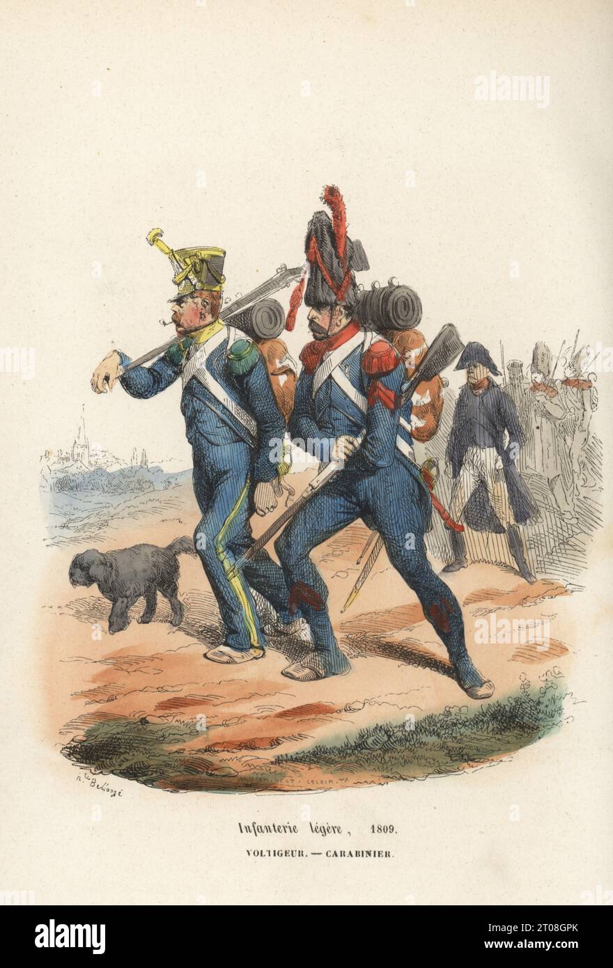 Uniforms of a skirmisher and rifleman, French light infantry, on a ...