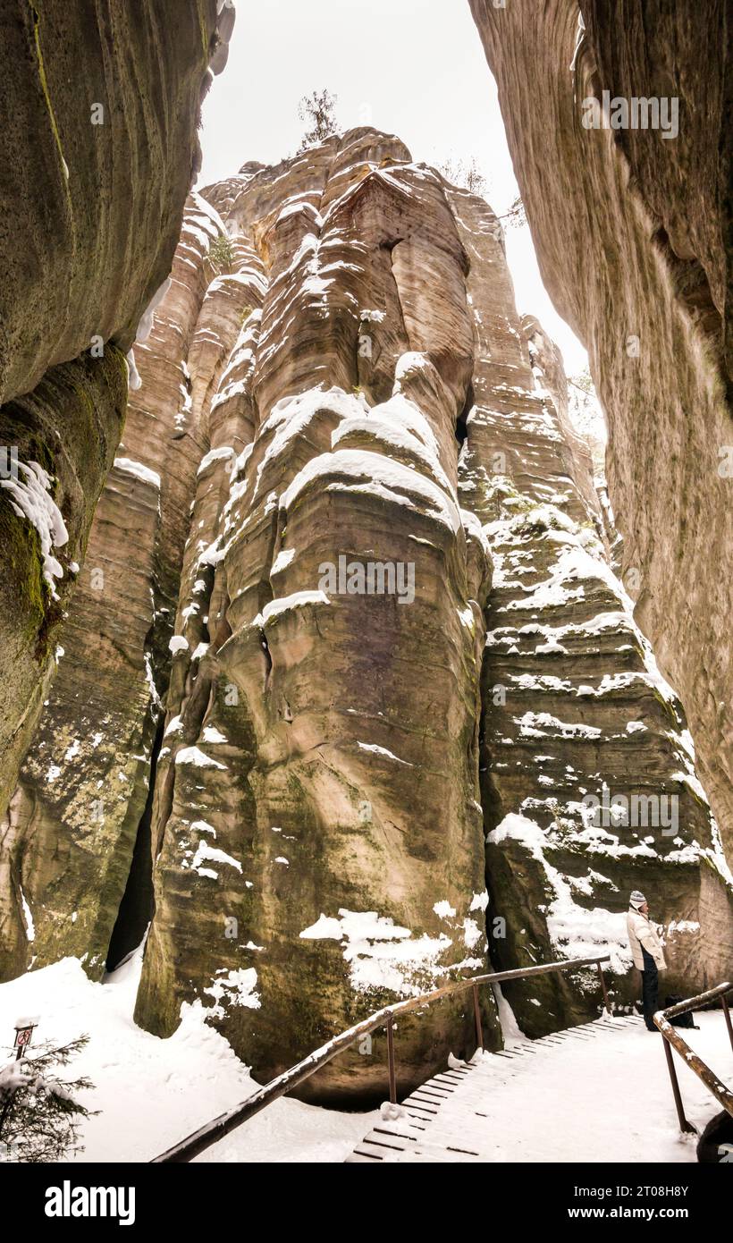 Rock formation at Adršpach Rocks, covered with snow, Adršpach-Teplice ...