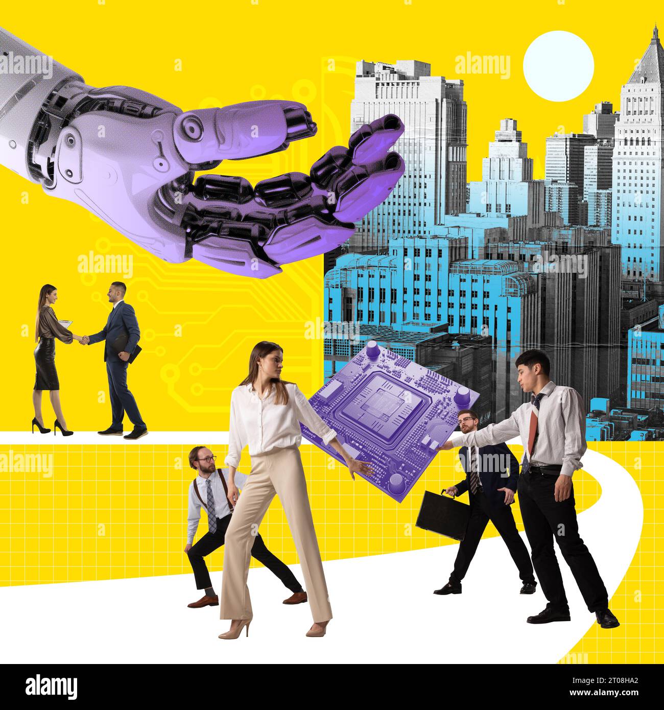 Robotic hand and employees of IT department. Working with artificial ...