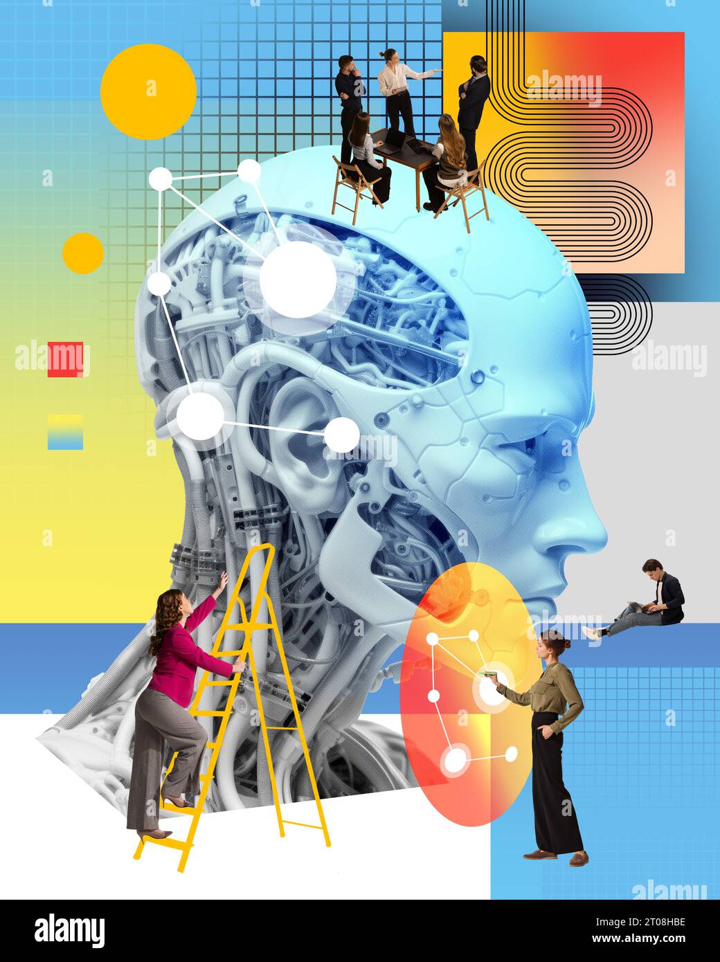 3D model of giant robot head and employees working on technical issues ...