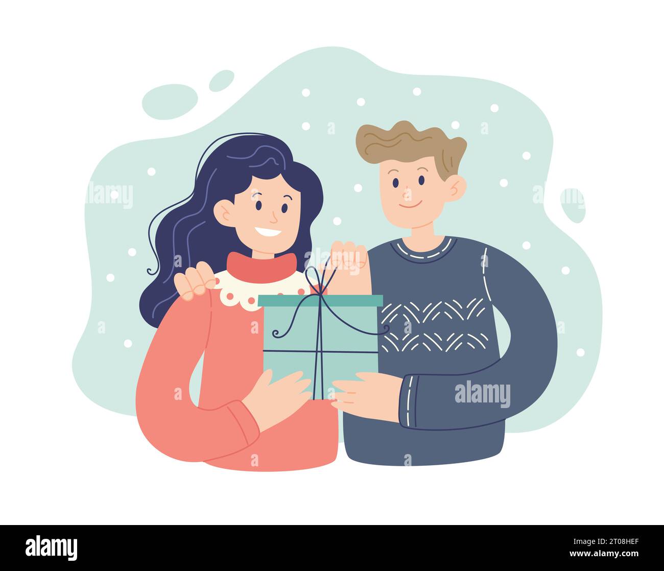 Christmas presents concept. Young happy couple opening a gift. Vector ...