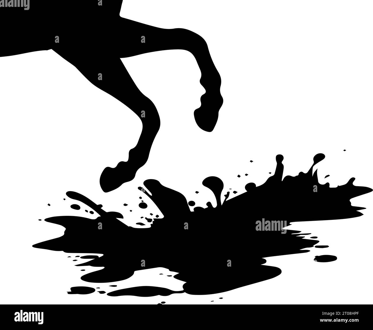 Running horse legs with hooves close-up and puddle of mud with splashes ...