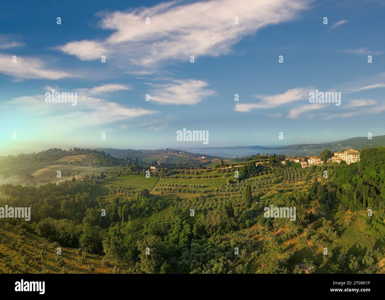 Tuscany landscape with cypress trees and blue sky with clouds Stock ...