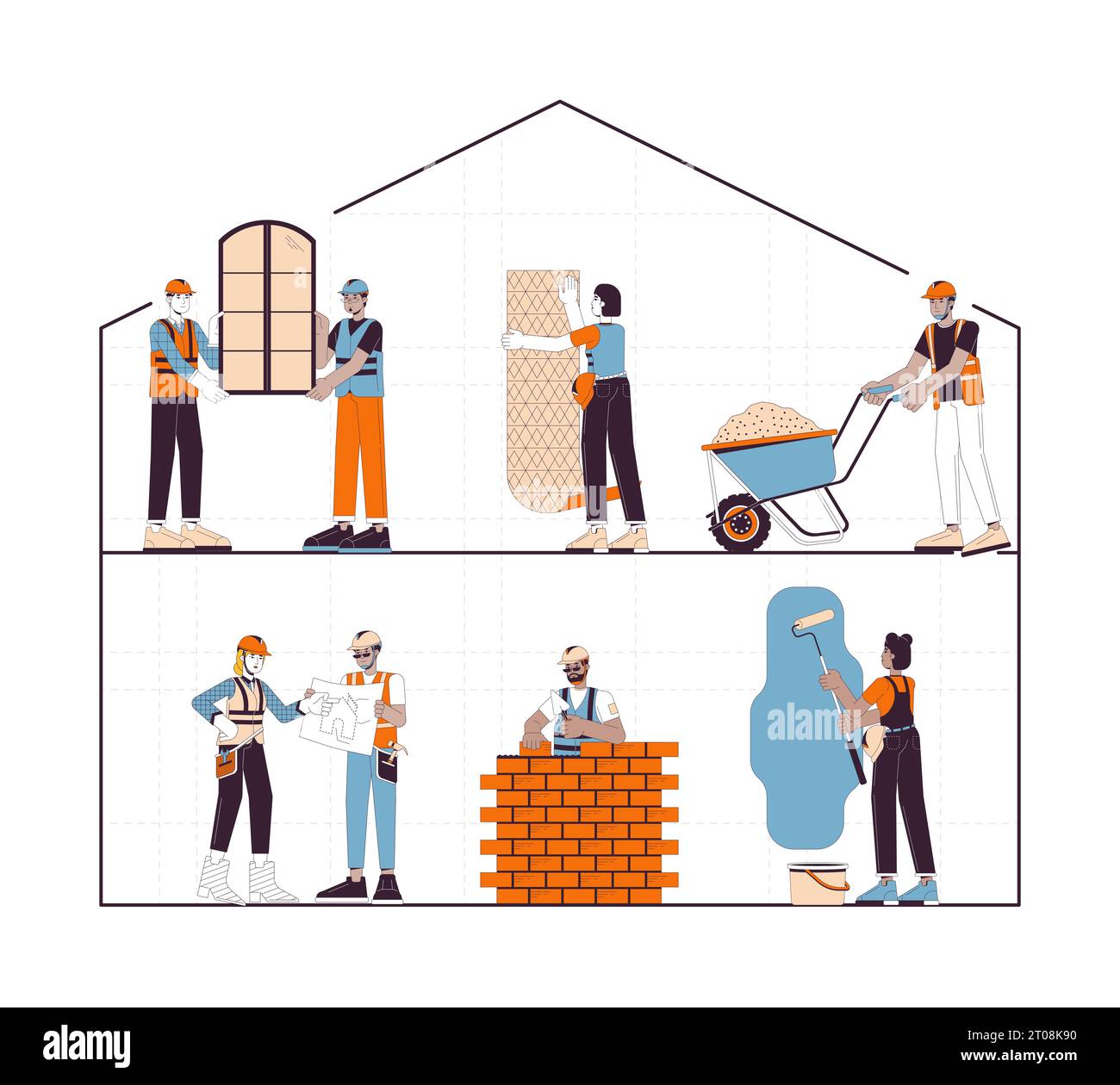 Home Construction Site 2d Linear Illustration Concept Stock Vector