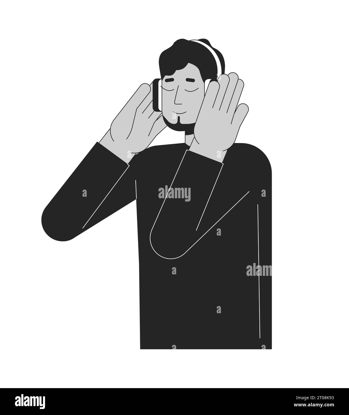 Headphones middle eastern guy bearded black and white 2D line cartoon ...