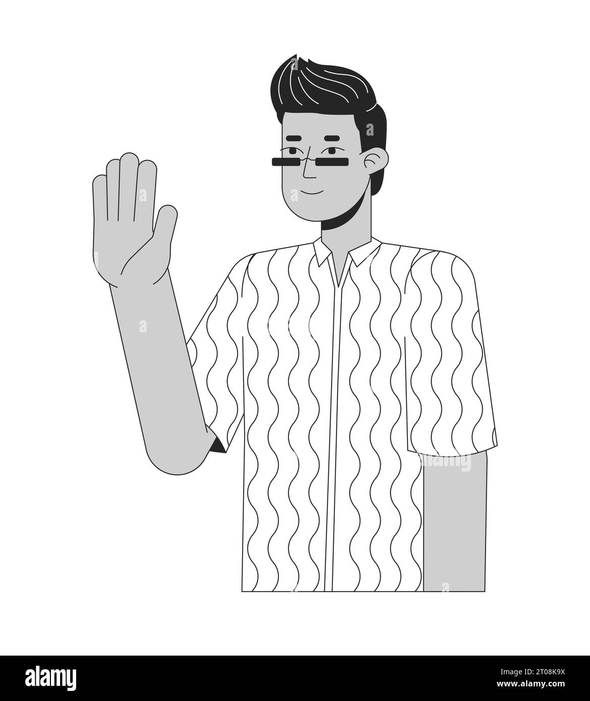 Sunglasses indian man waving hand black and white 2D line cartoon character Stock Vector Image ...