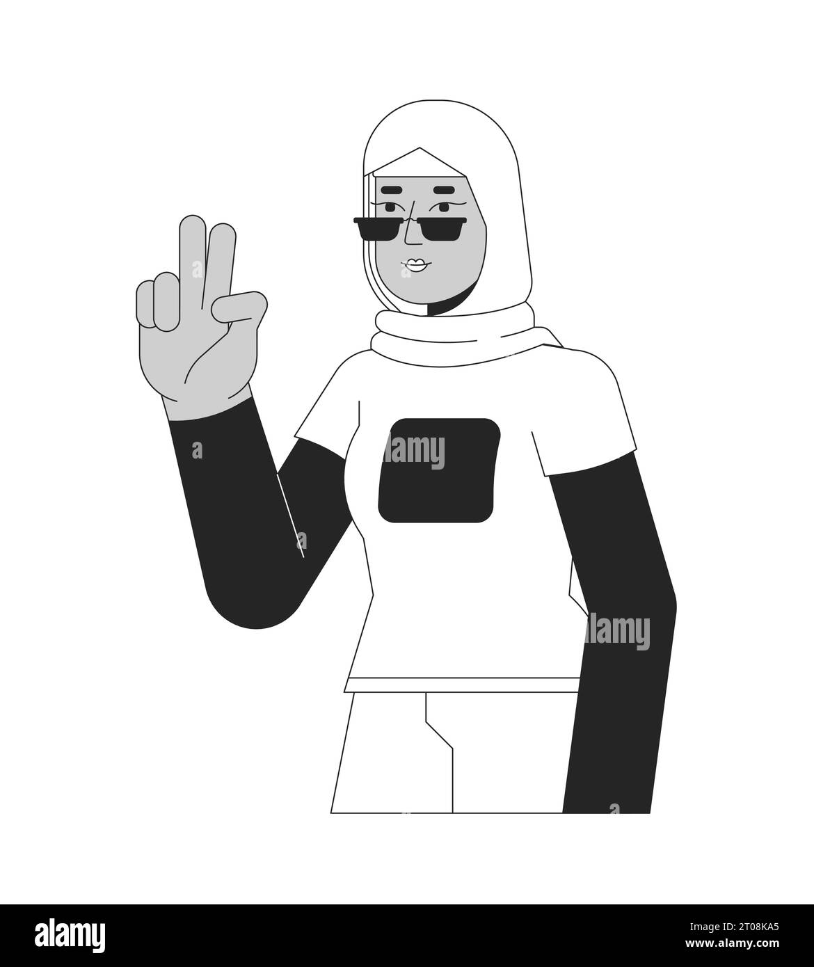 Stylish muslim woman showing victory black and white 2D line cartoon character Stock Vector ...