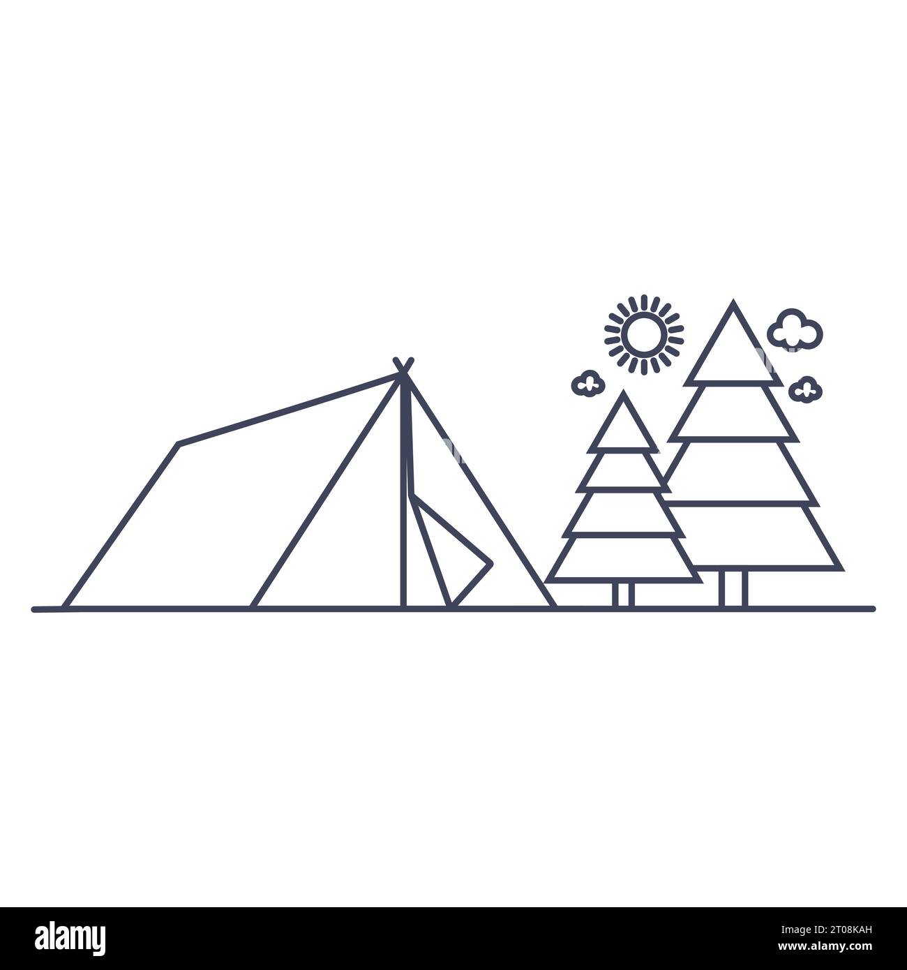 Camping in nature, a tent near a forest of Christmas trees. Vector ...