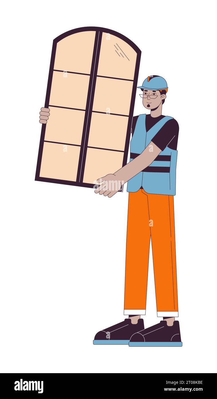 Middle eastern male labourer carrying window 2D linear cartoon ...