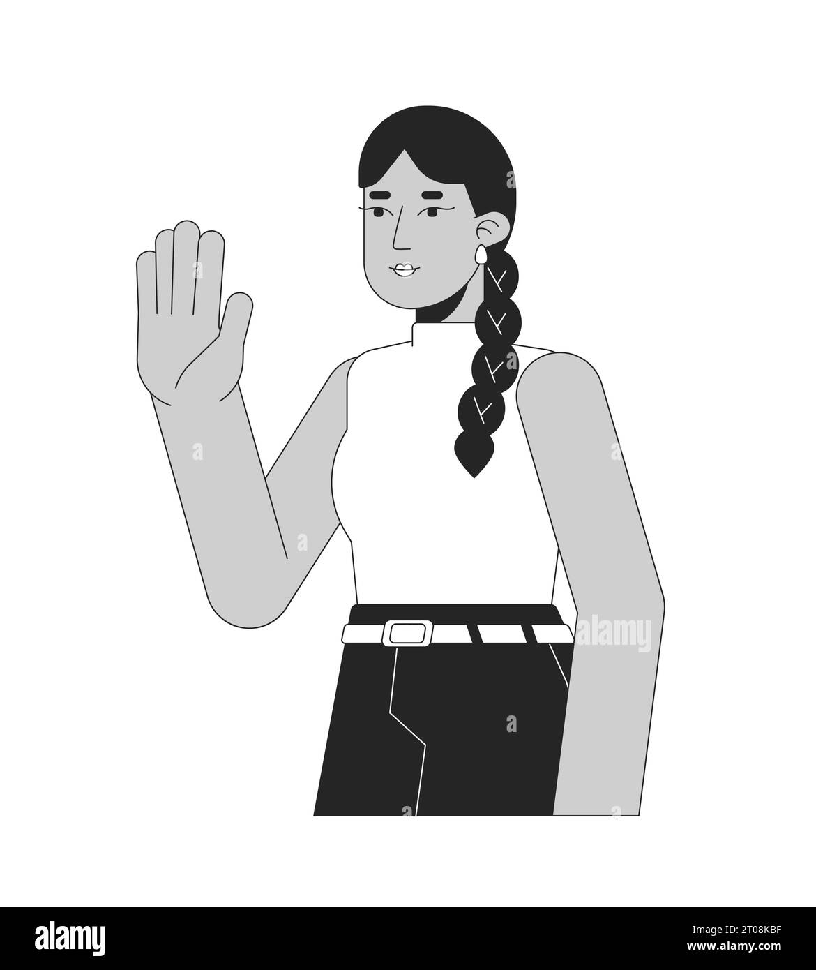 Waving pretty indian woman with long braid black and white 2D line cartoon character Stock ...