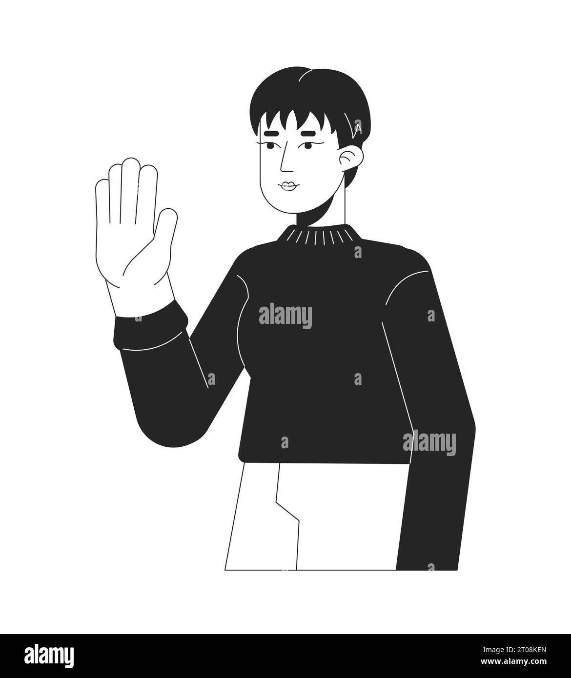 Pixie cut korean woman waving hand black and white 2D line cartoon character Stock Vector Image ...