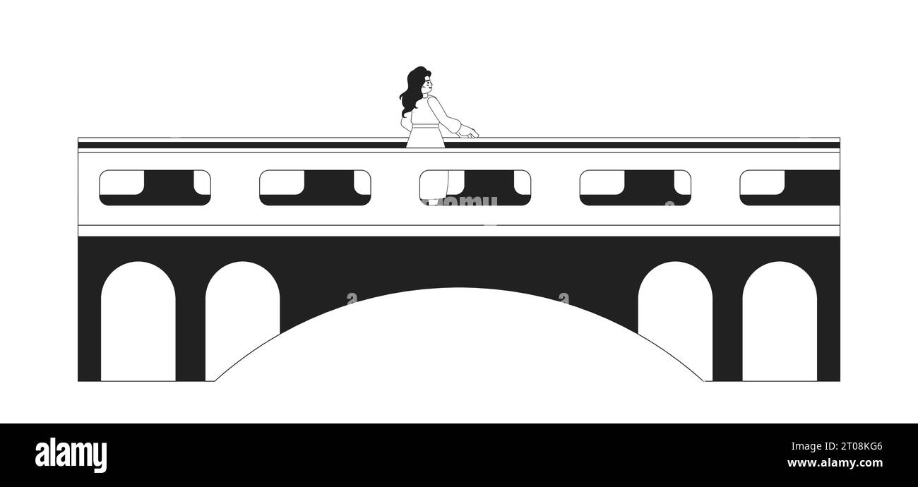 Daydreaming woman standing on bridge black and white cartoon flat ...