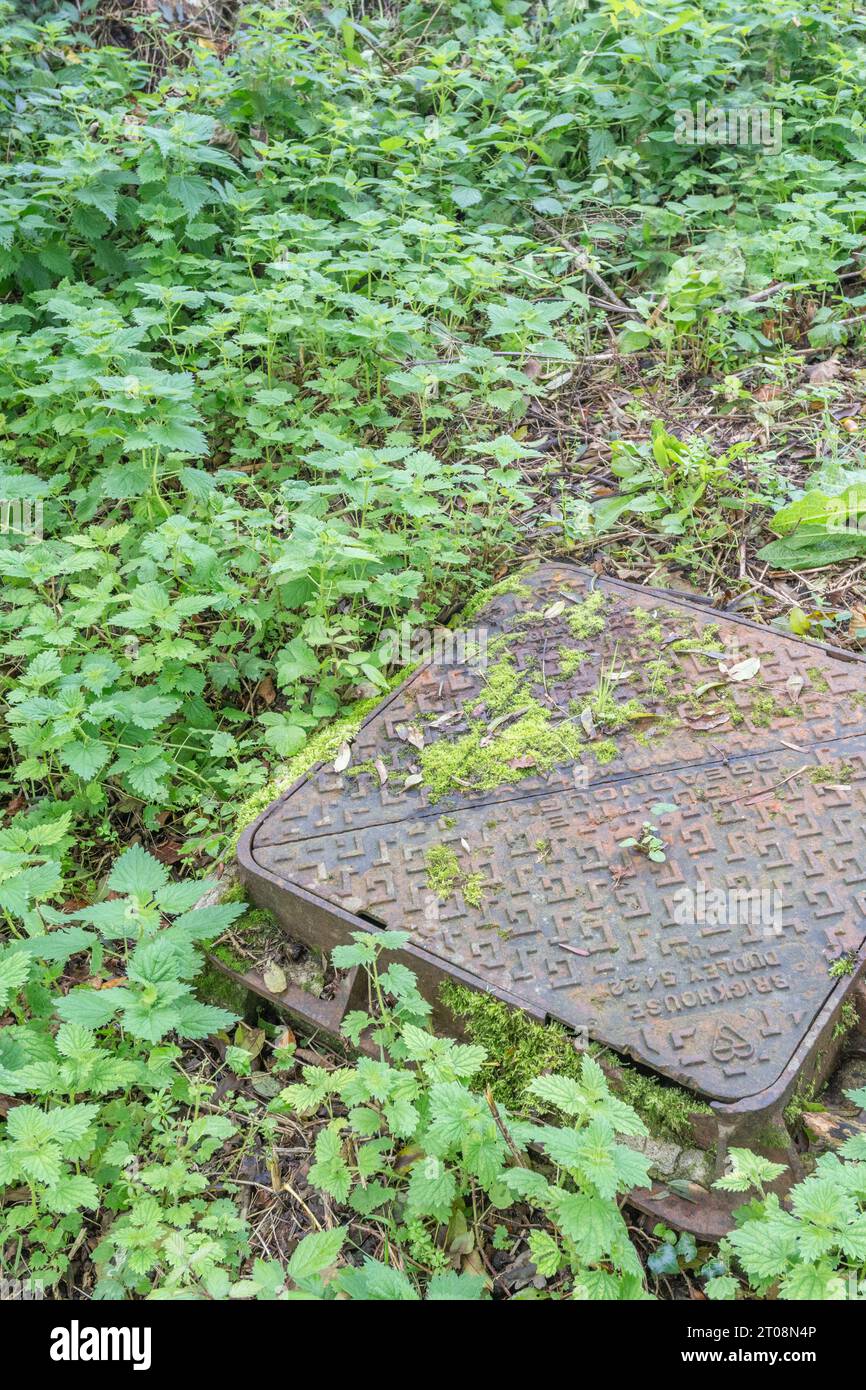 Rusty manhole cover of rural drainage system in grassy roadside area ...