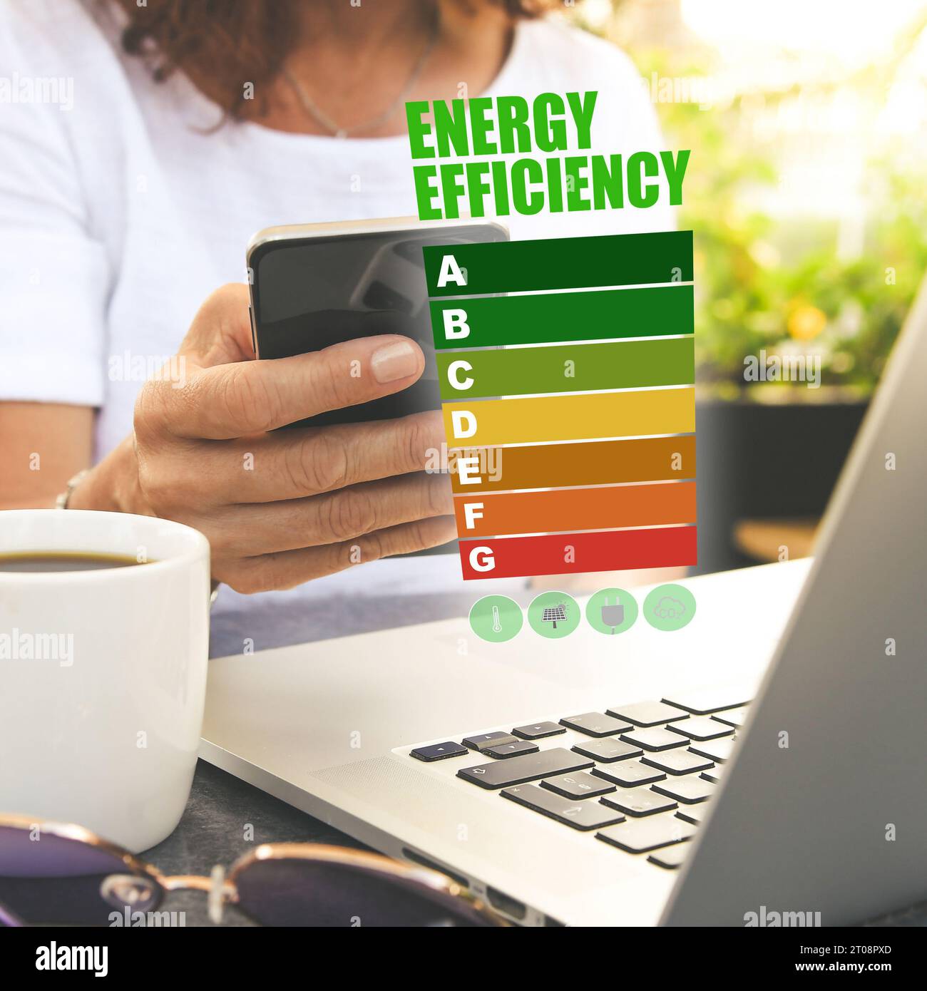 Woman calculating energy buildings efficiency class. Ecological and bio ...