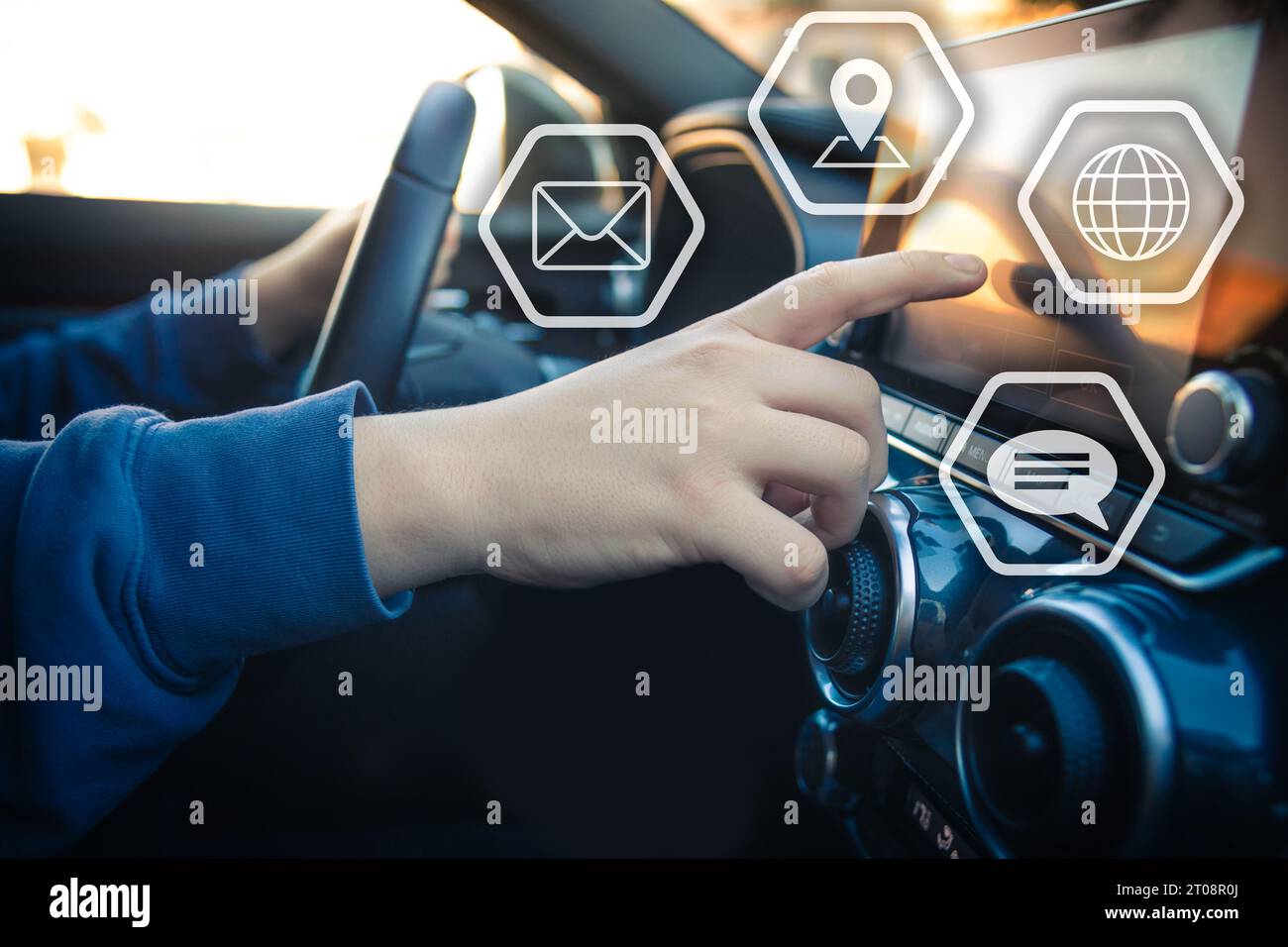 Drive using smartphone. Automotive technology concept. Infotainment ...